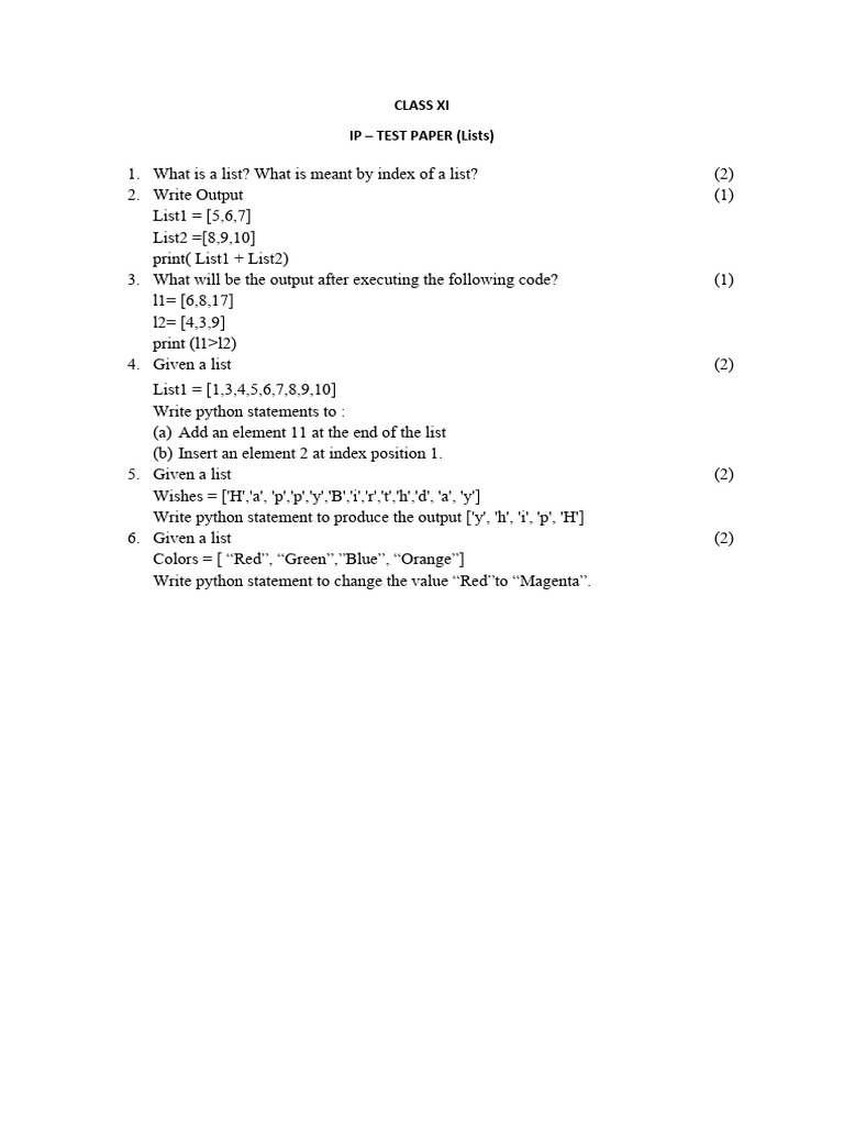 CLASS XI TP - Lists | PDF