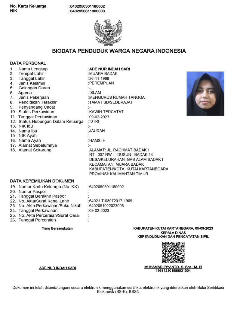 Ade Nur Indah Sari - Biodata | PDF
