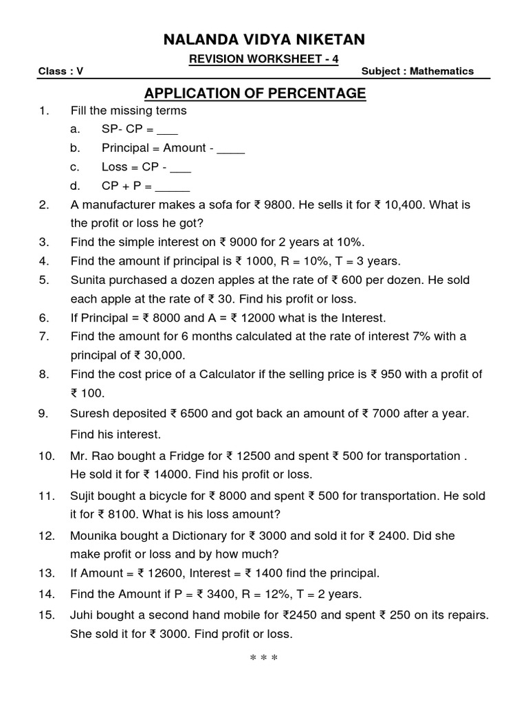 Mathematics Worksheet on Percentages | PDF