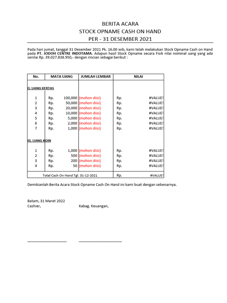 Berita Acara-Stock Opname Cash On Hand | PDF