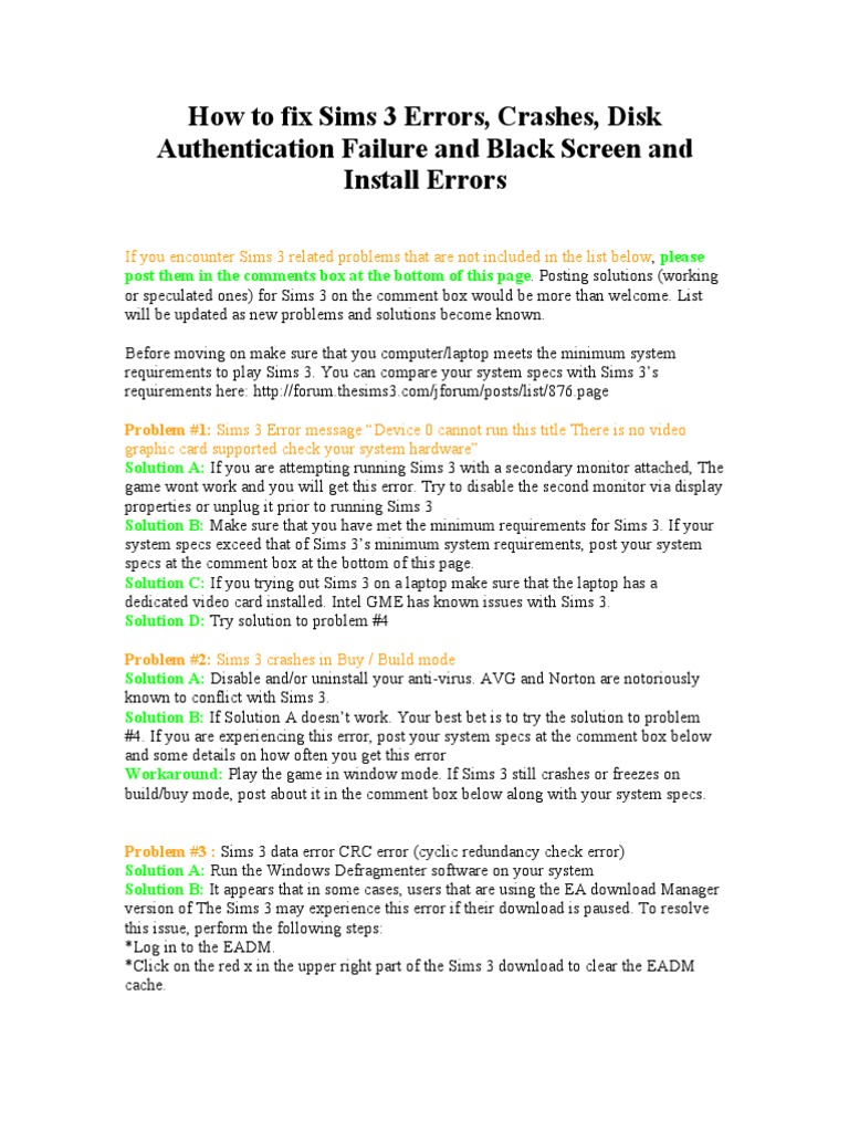 How To Fix Sims 3 Errors, Crashes, Disk Authentication Failure and ...