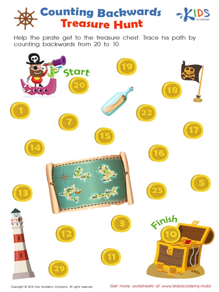 Grade 1 Counting Backwards Treasure Hunt Worksheet | PDF