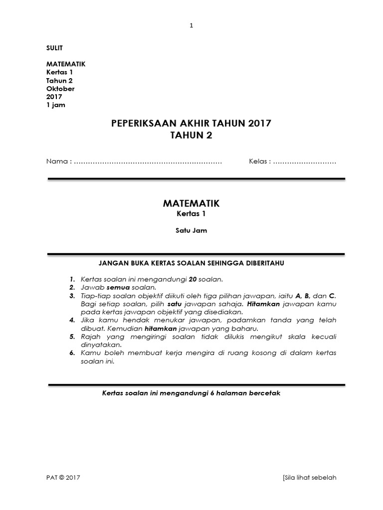 Ujian Akhir Matematik Tahun 2 Set 1 Pdf
