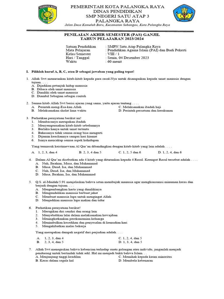 Naskah Soal Pas Ganjil - Pai KLS 8 TP 2023-2024 | PDF