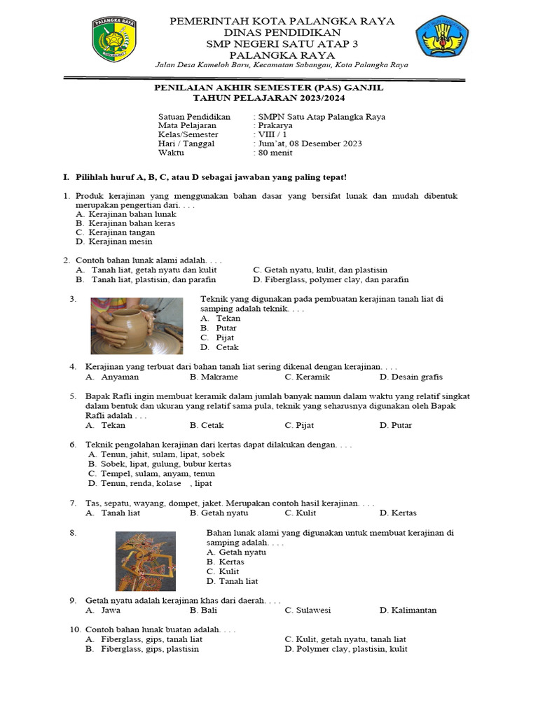 Naskah Soal Pas Ganjil - Prakarya KLS 8 TP 2023-2024 | PDF