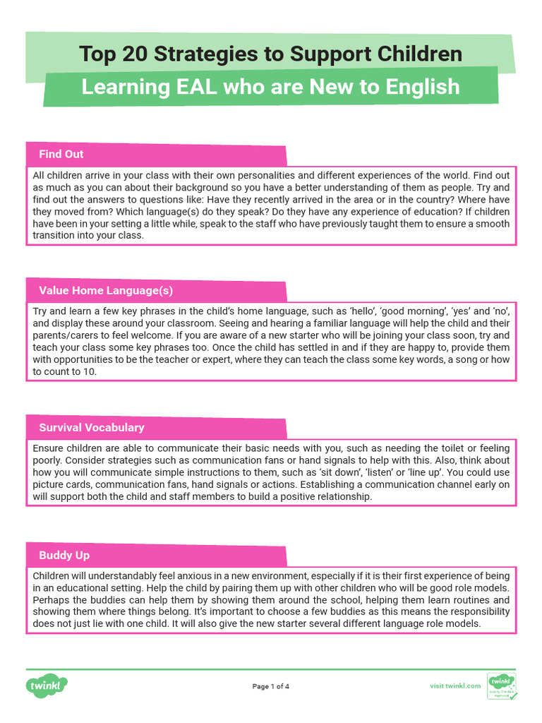 T S 2946 Top 20 Strategies To Support Children Learning Eal Who Are New ...