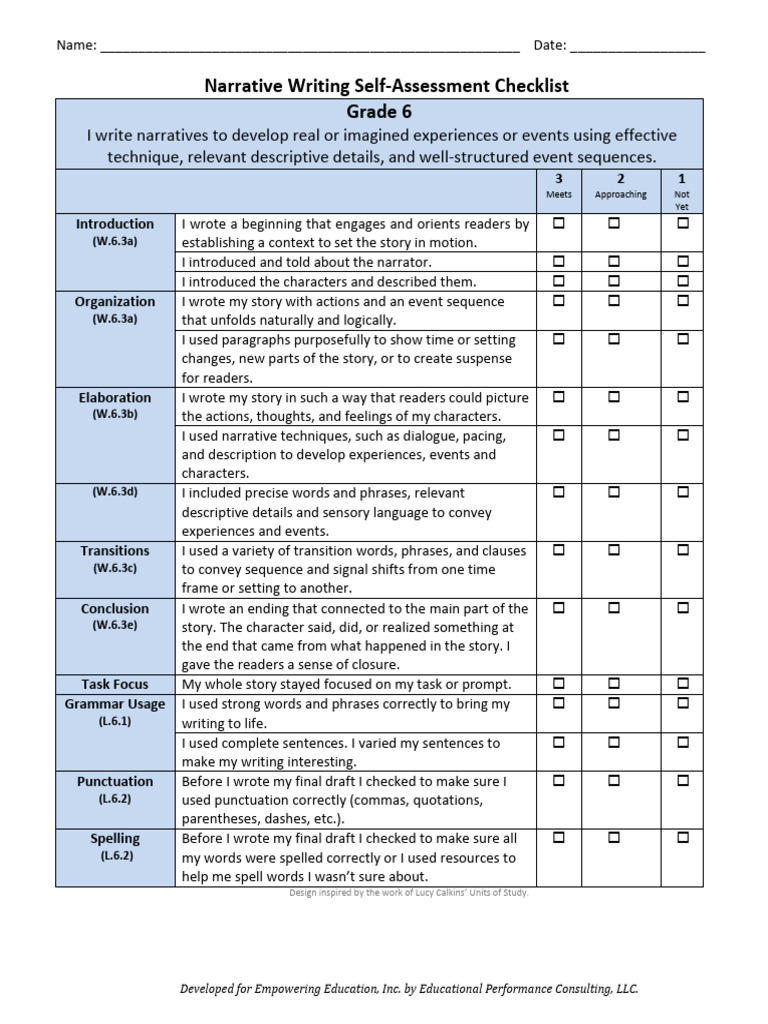 6th Grade Narrative Writing Student Self Assessment Checklist | PDF ...