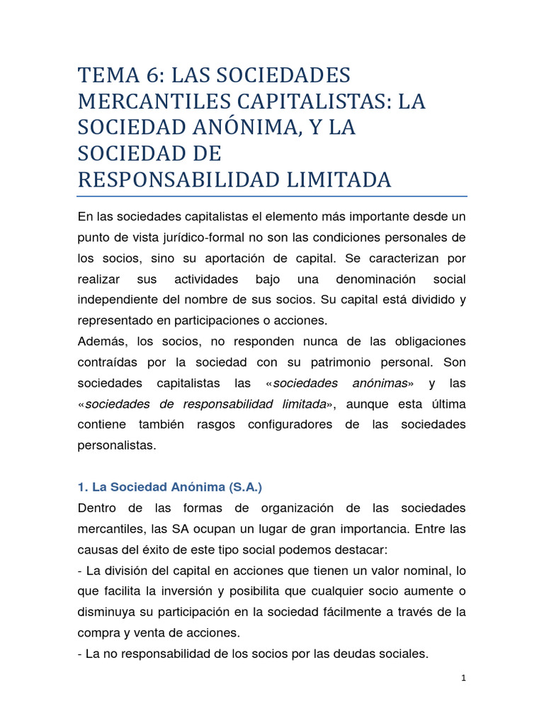 Tema 6 Sociedad Anonima y Sociedad Limitada | PDF | Sociedad de responsabilidad limitada ...