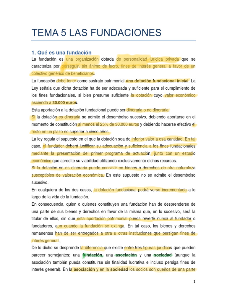 Tema 5 Fundaciones | PDF | Fundación (sin fines de lucro) | Bienes (Ley)