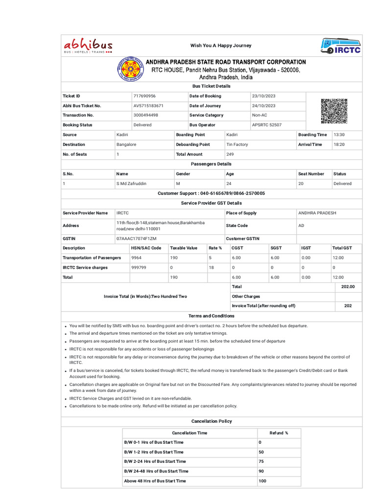 IRCTC Bus Ticket Confirmation Details | PDF | Transport | Economies