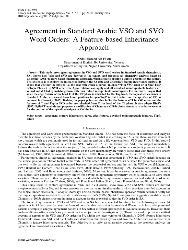 Arabic Agreement - Feature-Based | PDF | Syntax | Linguistic Morphology