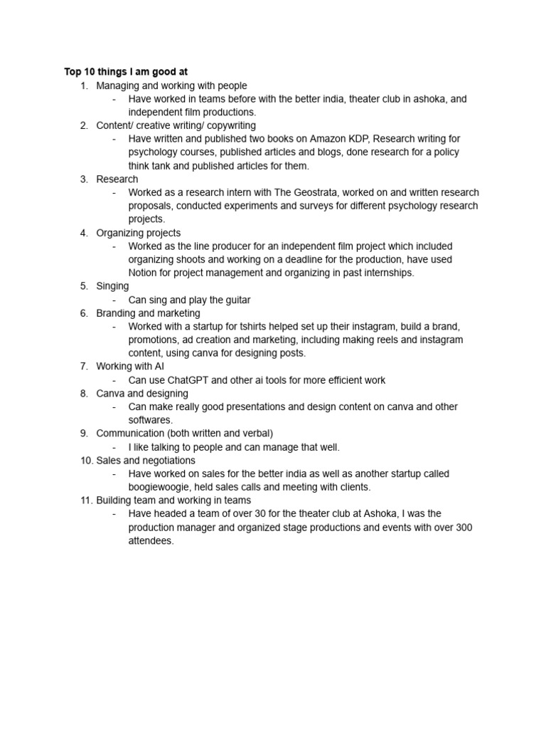 Top 10 Things I Am Good at | PDF