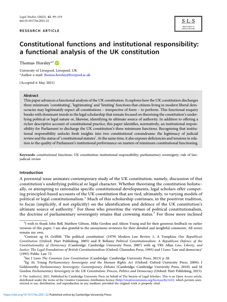 Constitutional Functions and Institutional Responsibility A Functional Analysis of The Uk ...