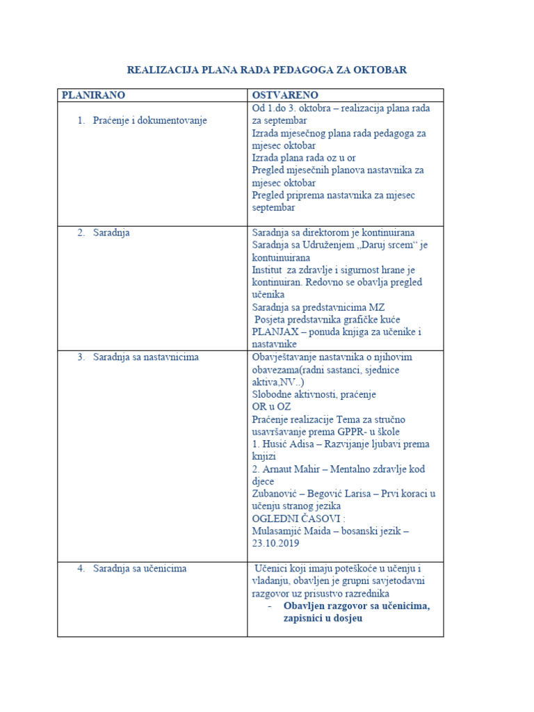 Realizacija Plana Za Oktobar | PDF