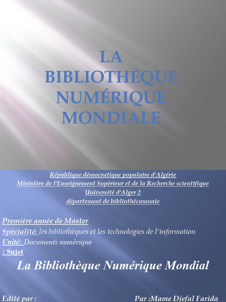 Bibliothèque Numérique Mondiale | PDF | Bibliothèque numérique | Bibliothéconomie