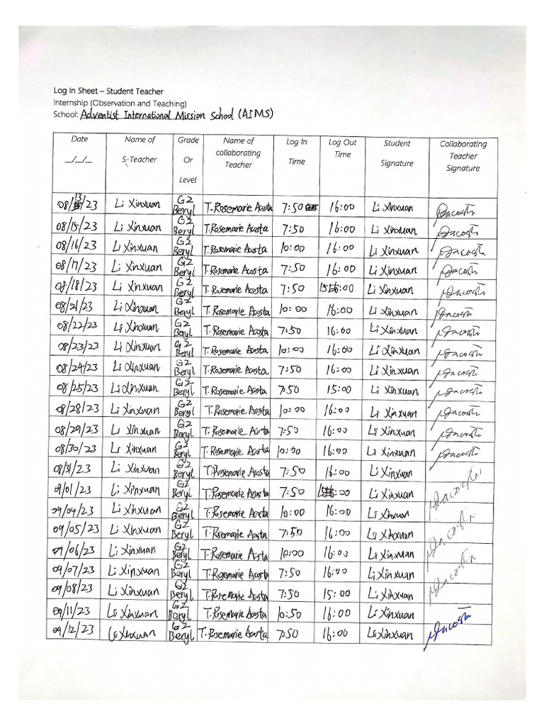Log in Log Out Sheet | PDF