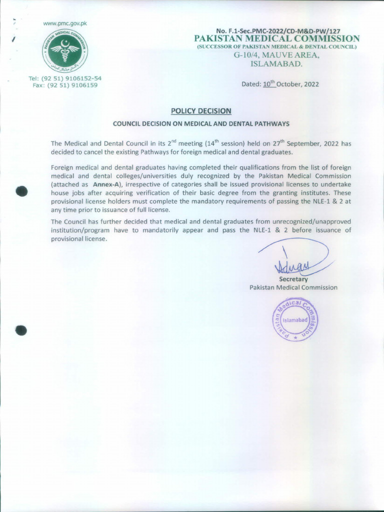 Policy Decision, Council Decision On Medical & Dental Pathways (Duly ...