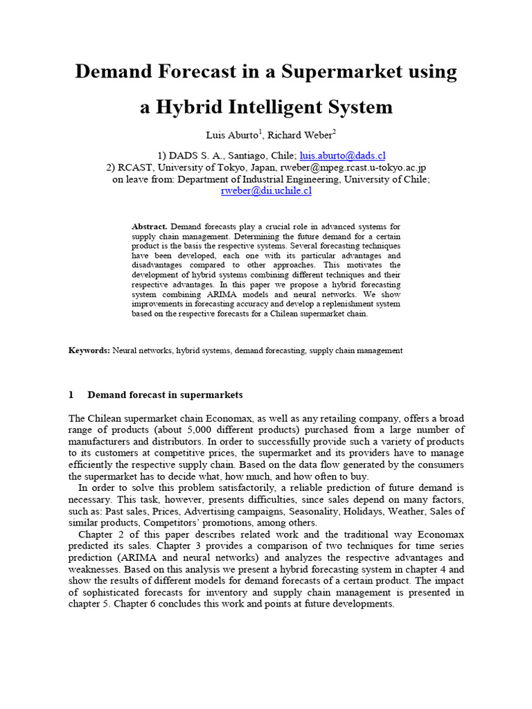 Demand Forecast In A Supermarket Using S Hybrid Intelligent System Pdf Forecasting