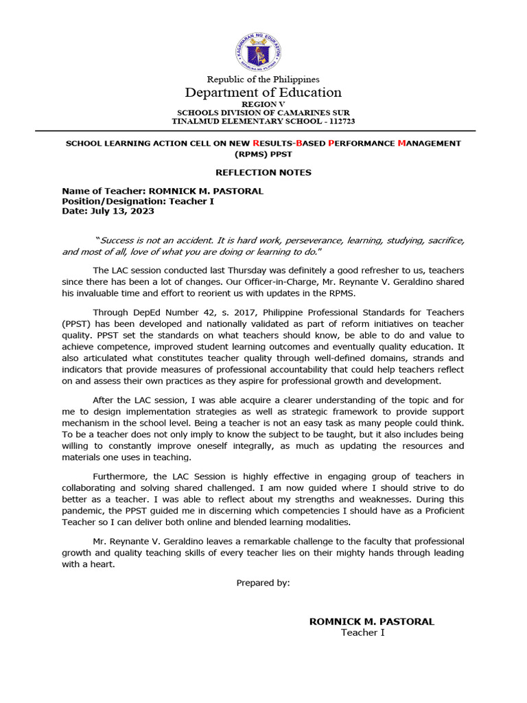 Lac Session Reflection On RPMS | PDF | Teachers | Learning
