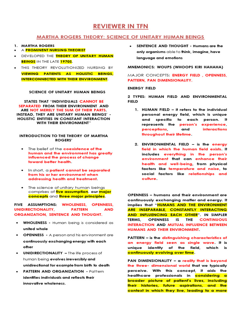 TFN Reviewer | PDF | Nursing | Theory