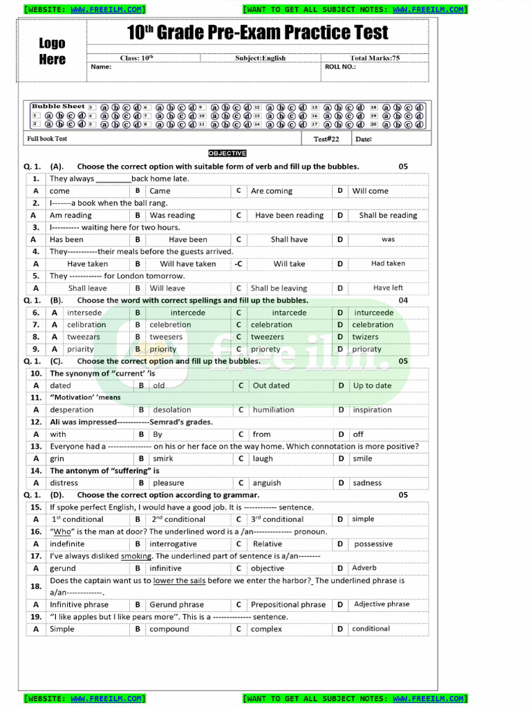 10th English Test Paper 22 | PDF