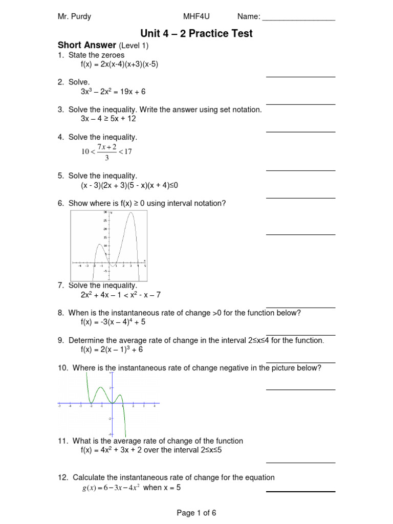 MHF4U Unit 4 Practice Test Solutions | PDF | Derivative | Speed