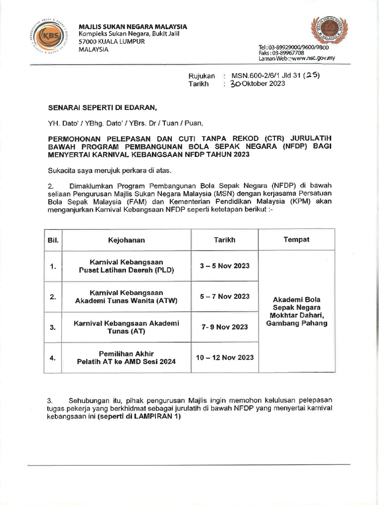 PERMOHONAN PELEPASAN DAN CUTI TANPA REKOD (CTR) JURULATIH BAWAH PROGRAM ...