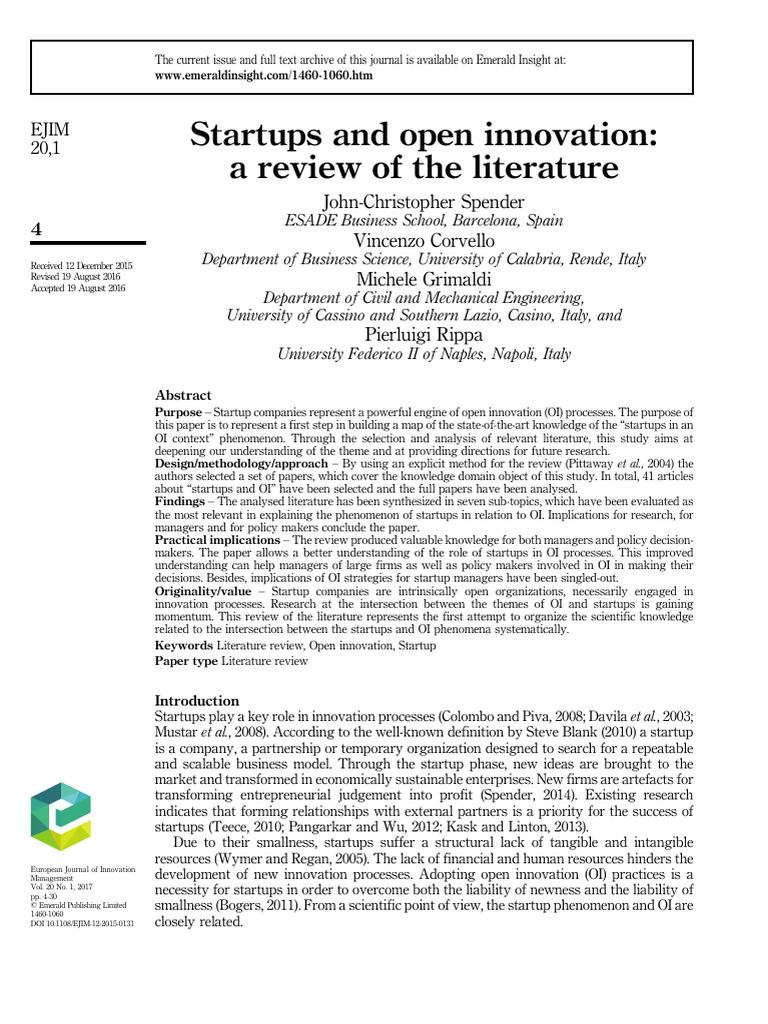 Startups and Open Innovation: A Review of The Literature: John-Christopher Spender Vincenzo ...
