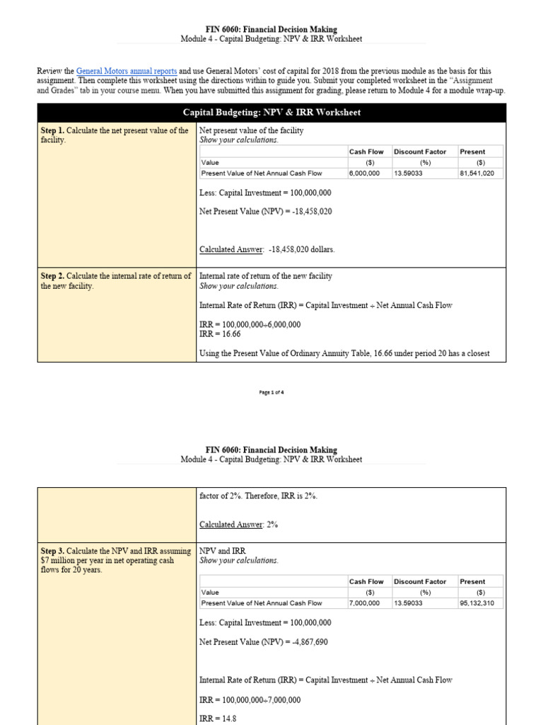 FIN 6060 Module 4 Worksheet | PDF | Net Present Value | Internal Rate ...
