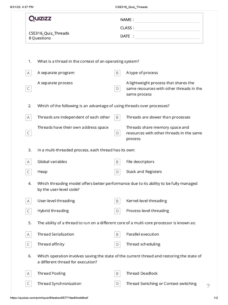 11 CSE316 Quiz Threads | PDF | Thread (Computing) | Process (Computing)
