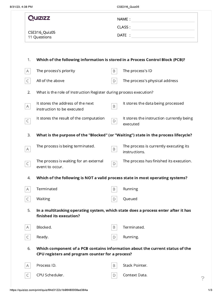 5 CSE316 Quiz05 | PDF | Process (Computing) | System Software