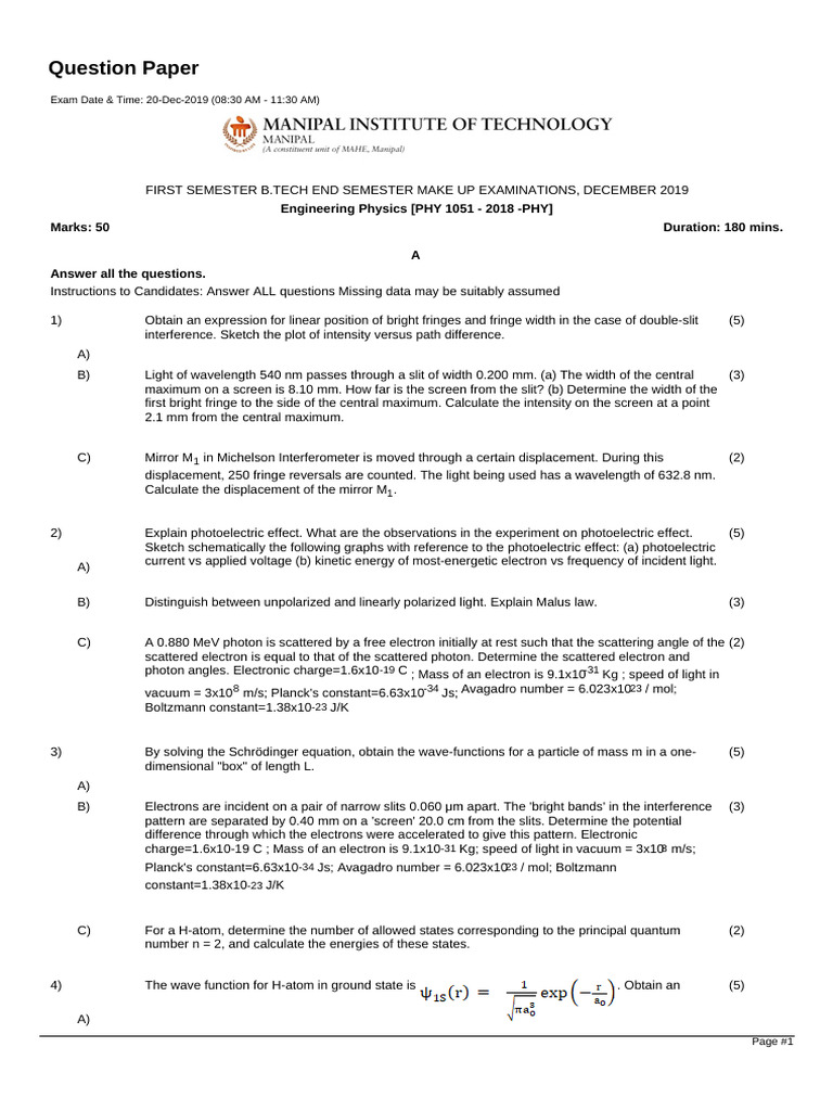 B.Tech Physics Exam Questions 2019 | PDF | Electron | Photoelectric Effect