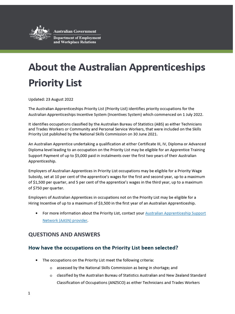 Australian Apprenticeships Priority List - Factsheet | PDF ...