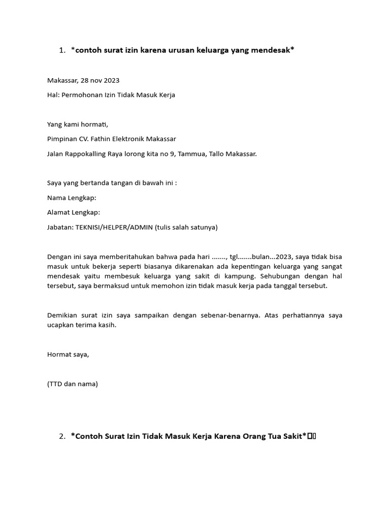 Contoh Surat Ijin Tidak Masuk Kerja | PDF