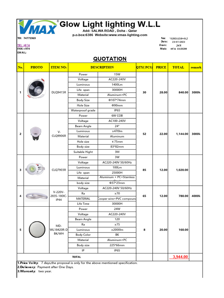 Glow Light Lighting W.L.L: Quotation | PDF | Electrical Engineering ...