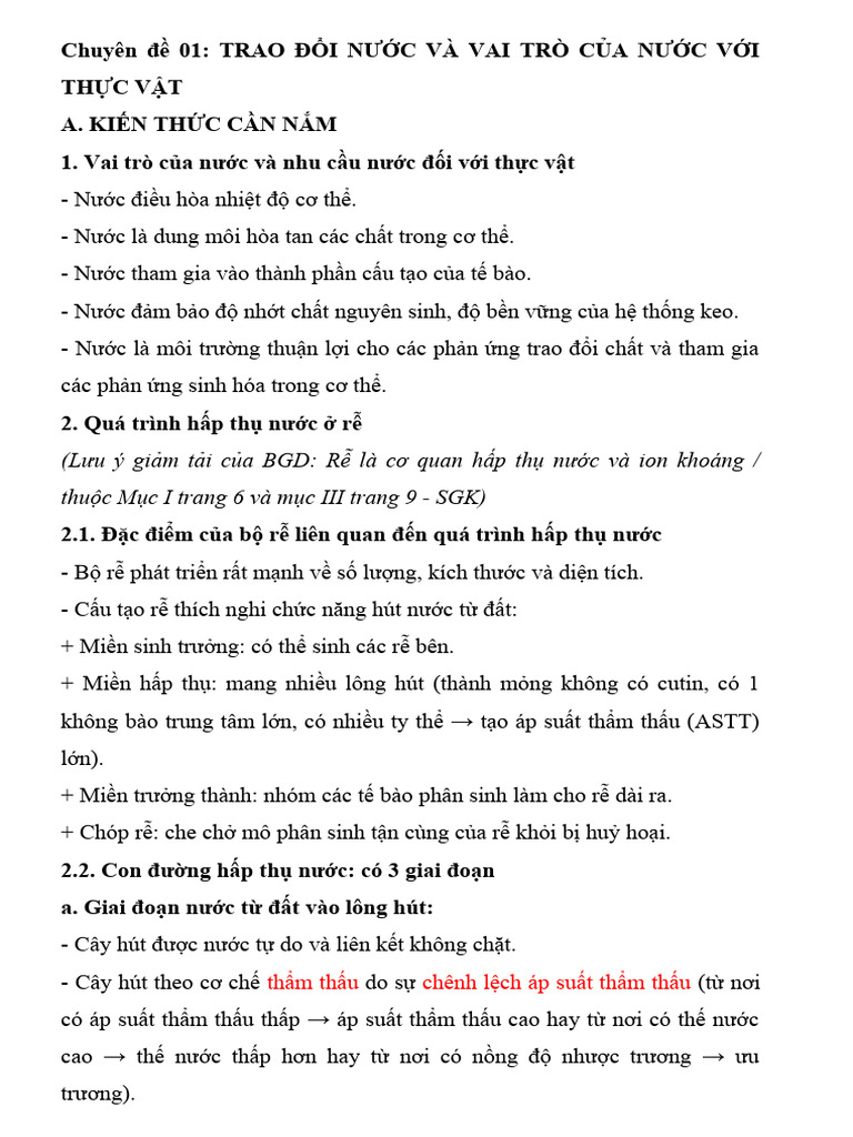 Chuyên đề 01. TRAO ĐỔI NƯỚC VÀ VAI TRÒ CỦA NƯỚC VỚI THỰC VẬT (1) | PDF