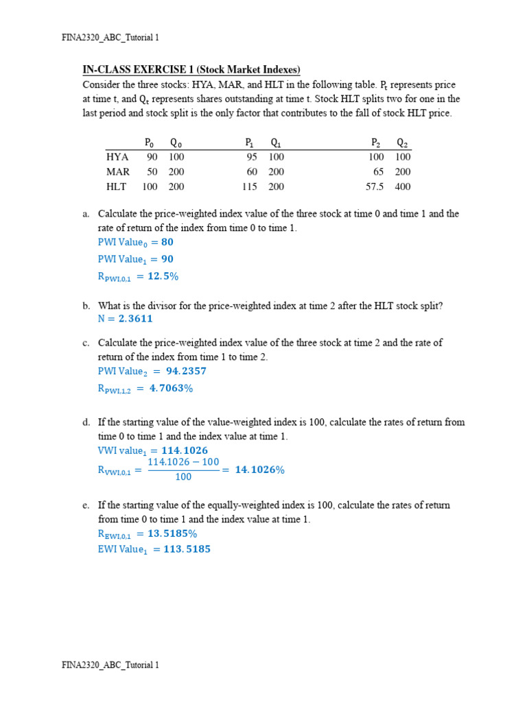 FINA2320 ABC Tutorial 1 Solutions | PDF