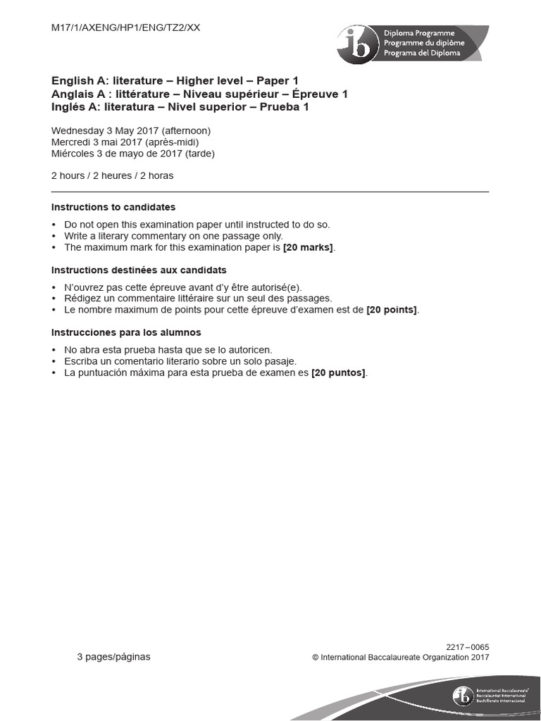 IB English A Literature HL Paper 1 Exam | PDF