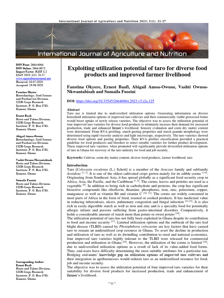 Exploiting Utilization Potential of Taro For Diverse Food Products and ...