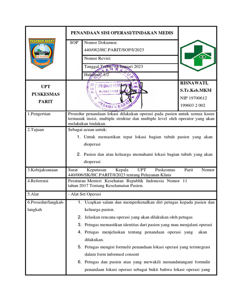 SOP PENANDAAN TINDAKAN MEDIS PKM PArit | PDF