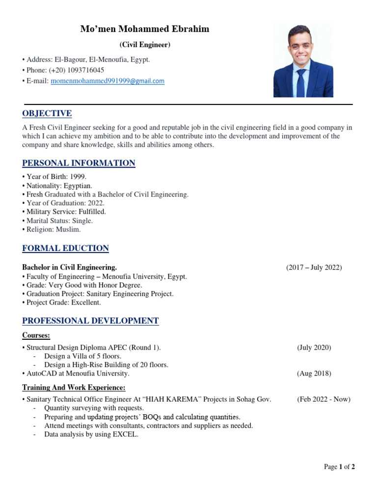 Mo'Men Mohammed Ebrahim - CV | PDF | Engineering | Civil Engineering