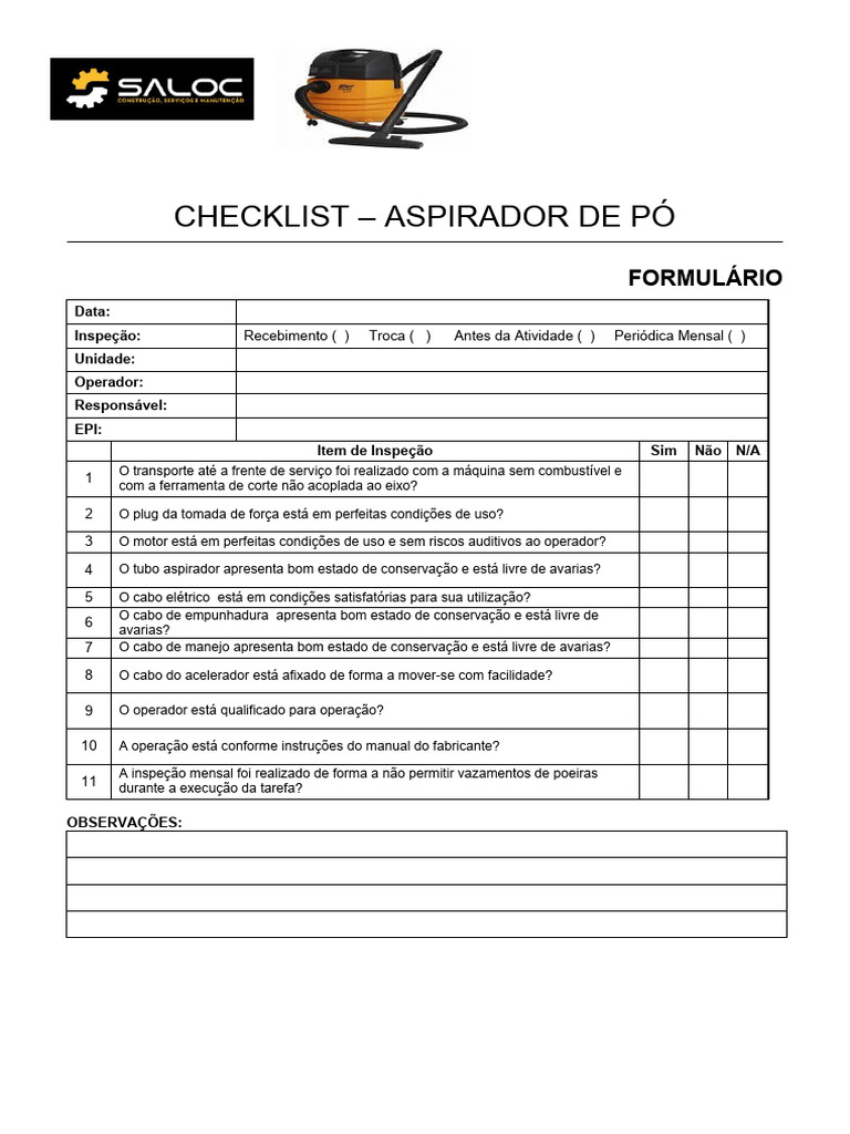 CHECK LIST DE aspirador de pó | PDF