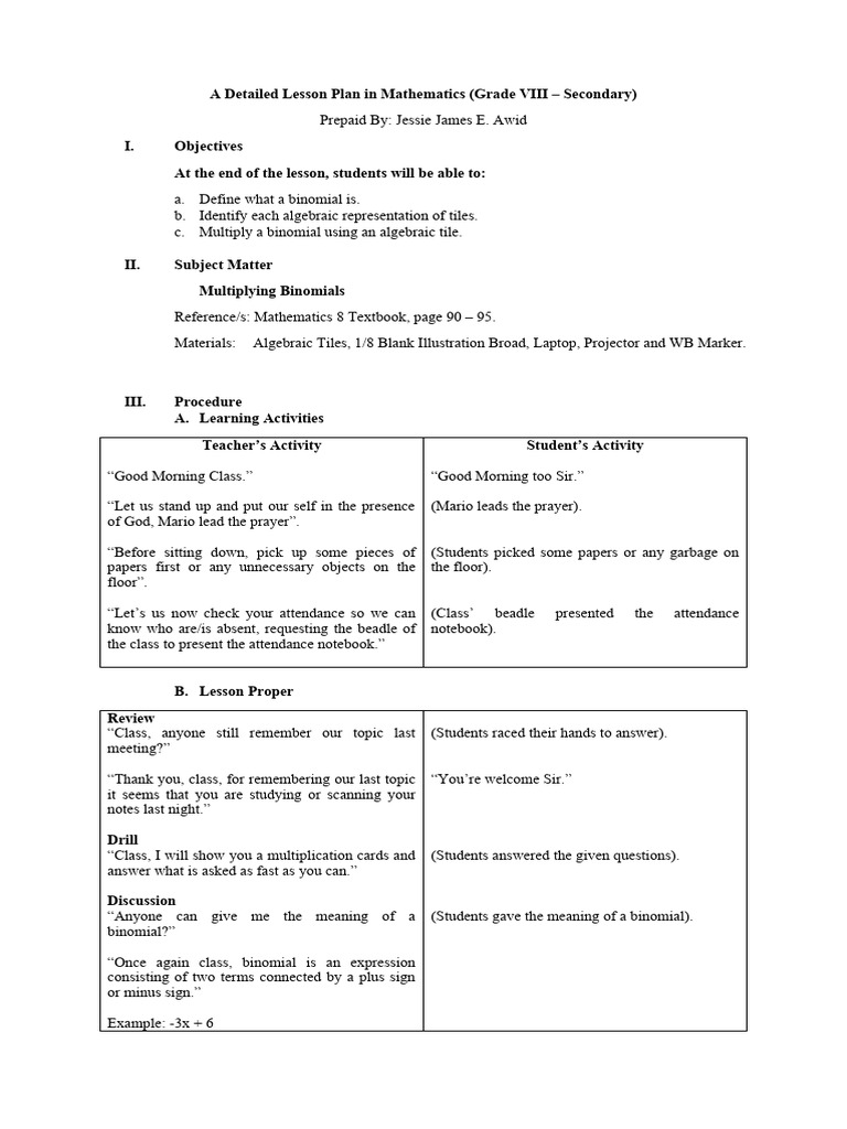 A Detailed Lesson Plan in Mathematics | PDF | Polynomial | Factorization