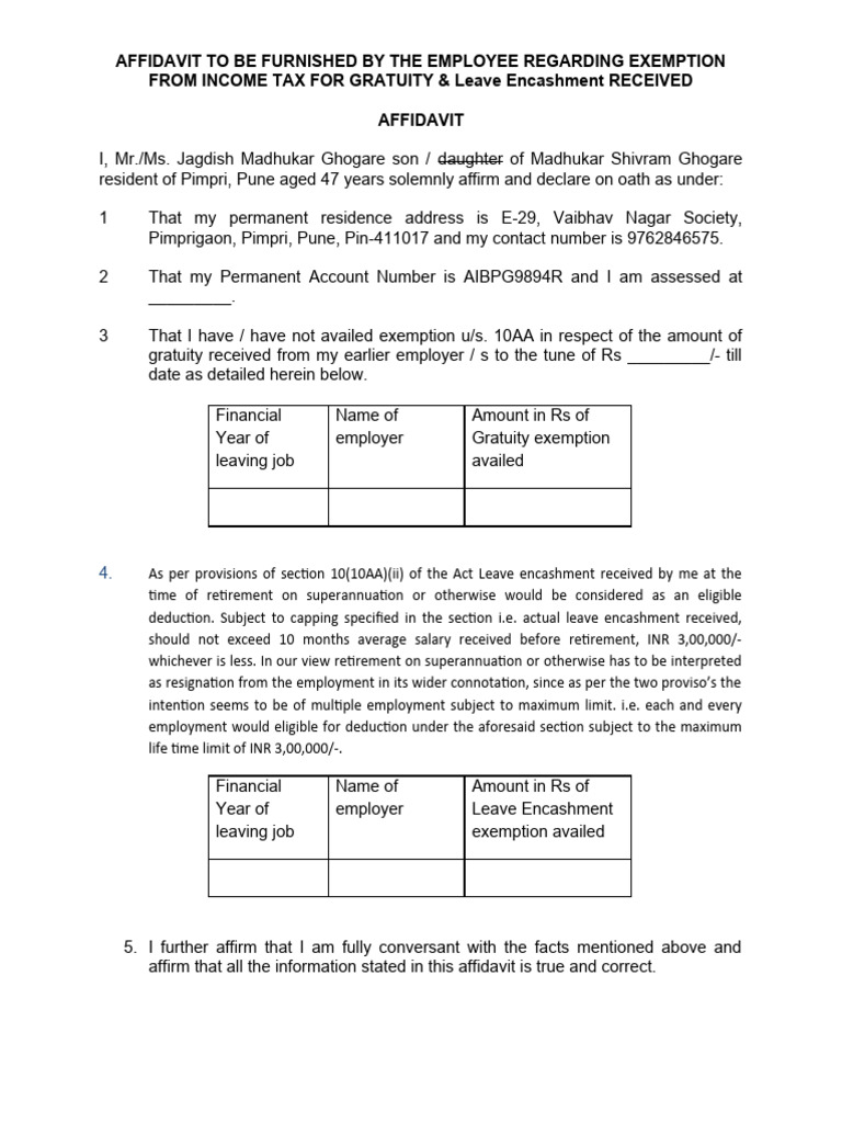 Affidavit Gratuity and Leave Encashment | PDF | Affidavit | Government