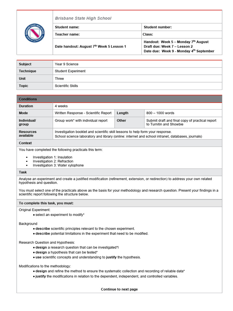 2023 Unit 3 Student Experiment Task Sheet | PDF | Experiment | Inquiry