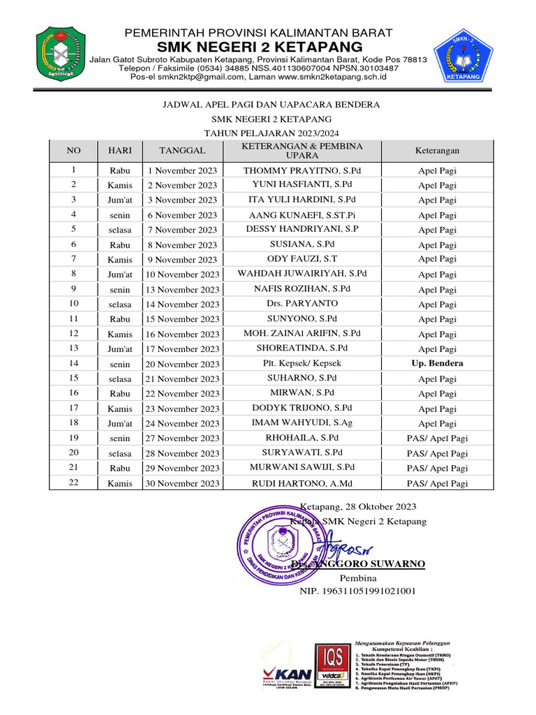 Jadwal Apel Pagi Dan Upacara November 2023 | PDF