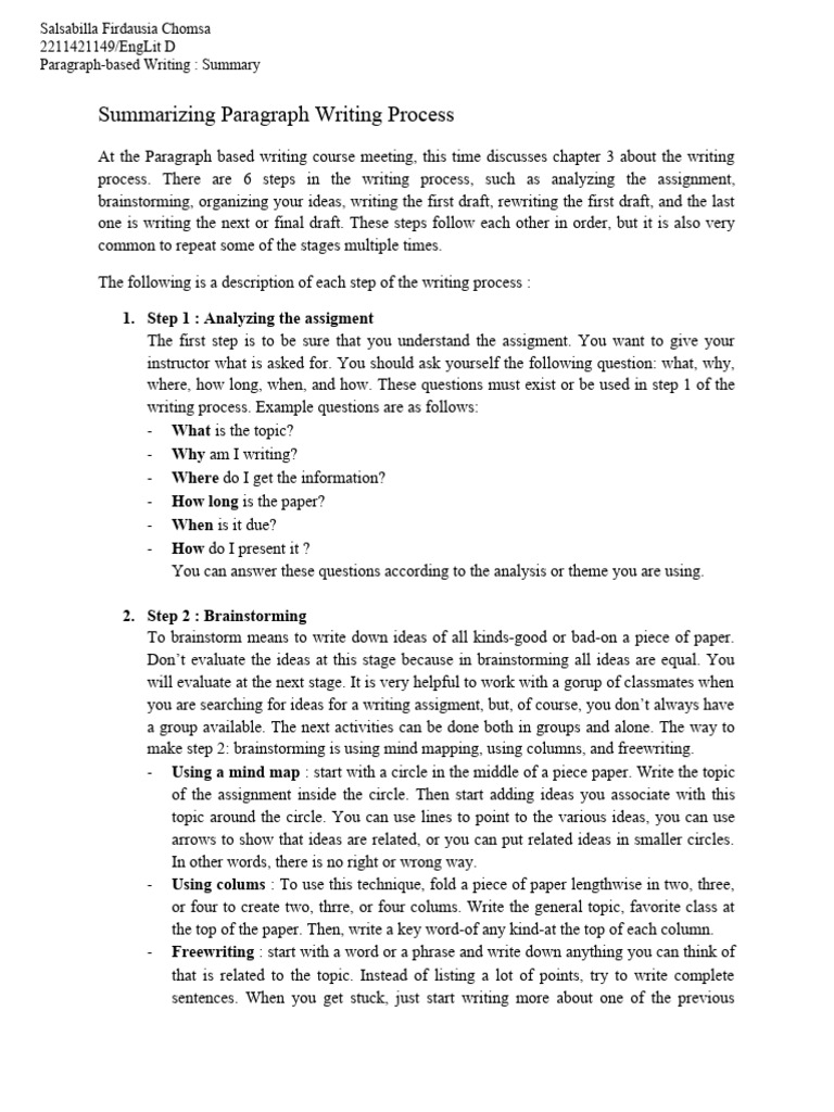 Summarizing Paragraph Writing Process | PDF | Brainstorming | Paragraph
