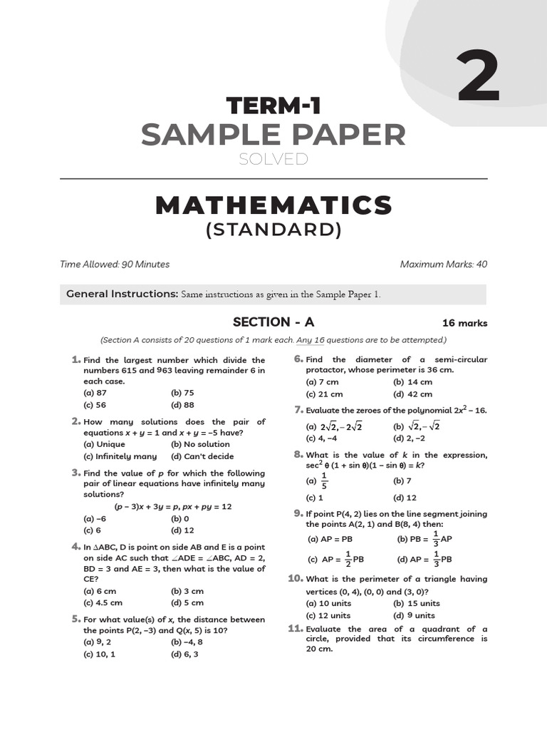 Sample Paper 2 | PDF | Equations | Area