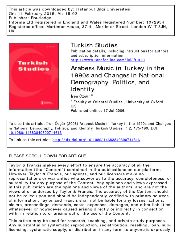 Arabesk Music in Turkey in The 1990s | PDF | Turkey | Mustafa Kemal Atatürk