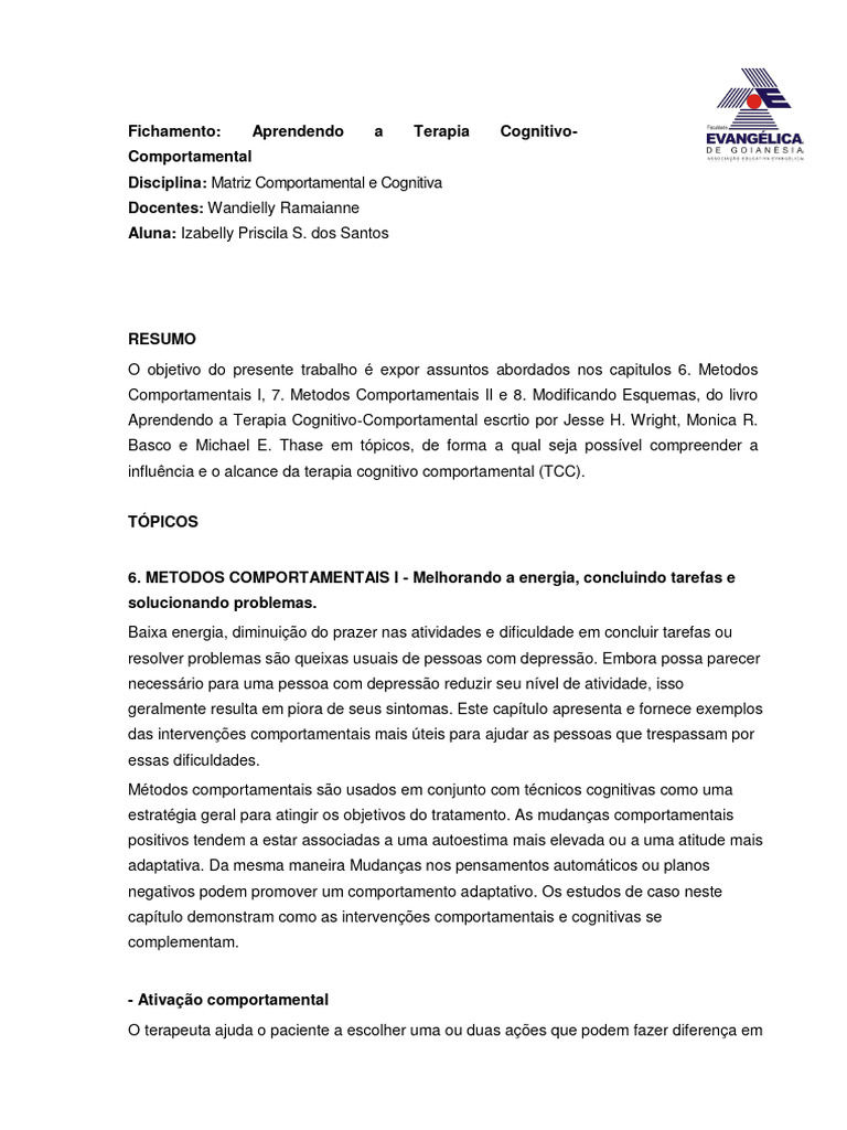 Fichamento Aprendendo A Terapia Cognitivo Comportamental Pdf